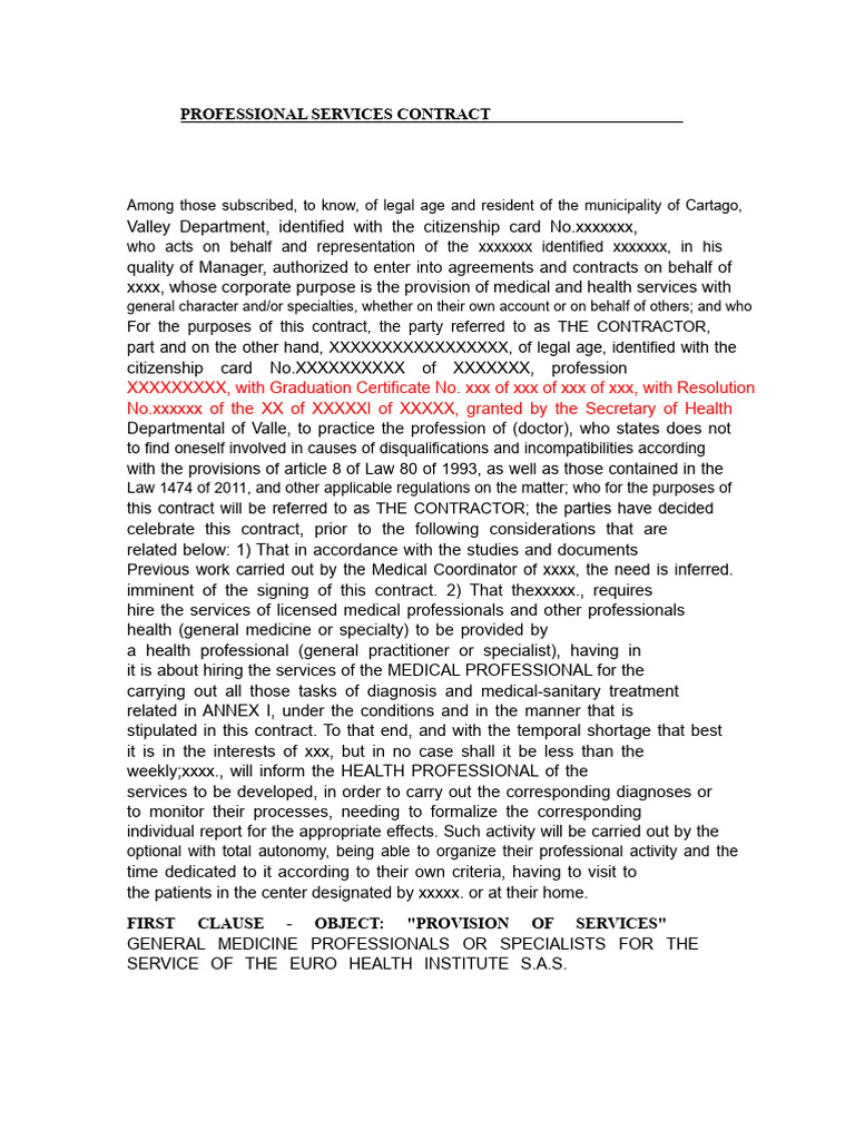 Contract For The Provision of Medical Professional Services | PDF ...