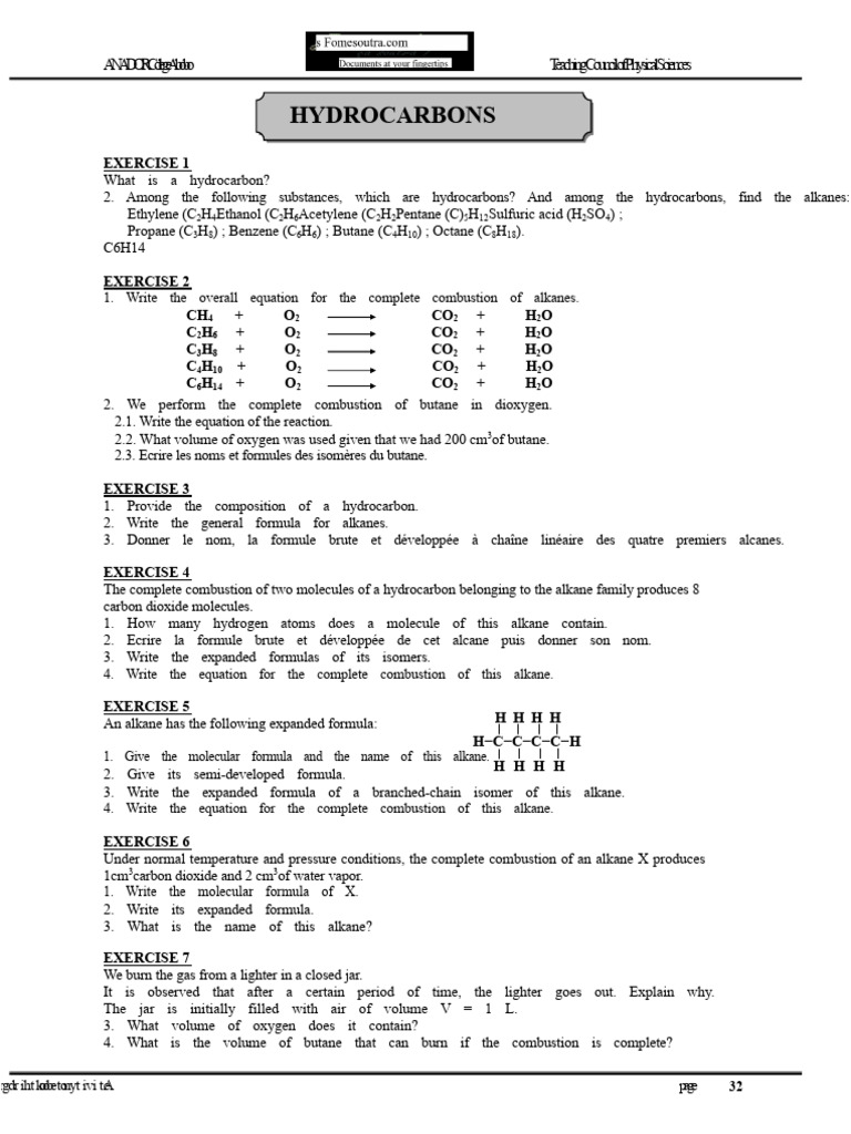 Hydrocarbon Exercises and Combustion Analysis | PDF | Alkane | Combustion