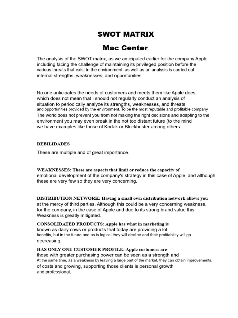 Swot Matrix Mac Center | PDF | Swot Analysis | Apple Inc.