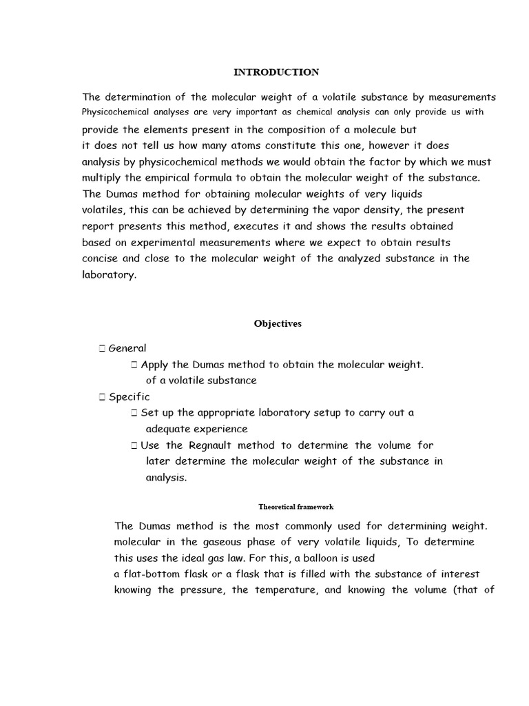 Dumas Method for Molecular Weight Determination | PDF | Molecules | Density