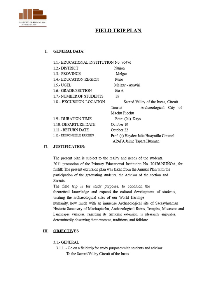 Excursion Trip Work Plan | PDF | Machu Picchu