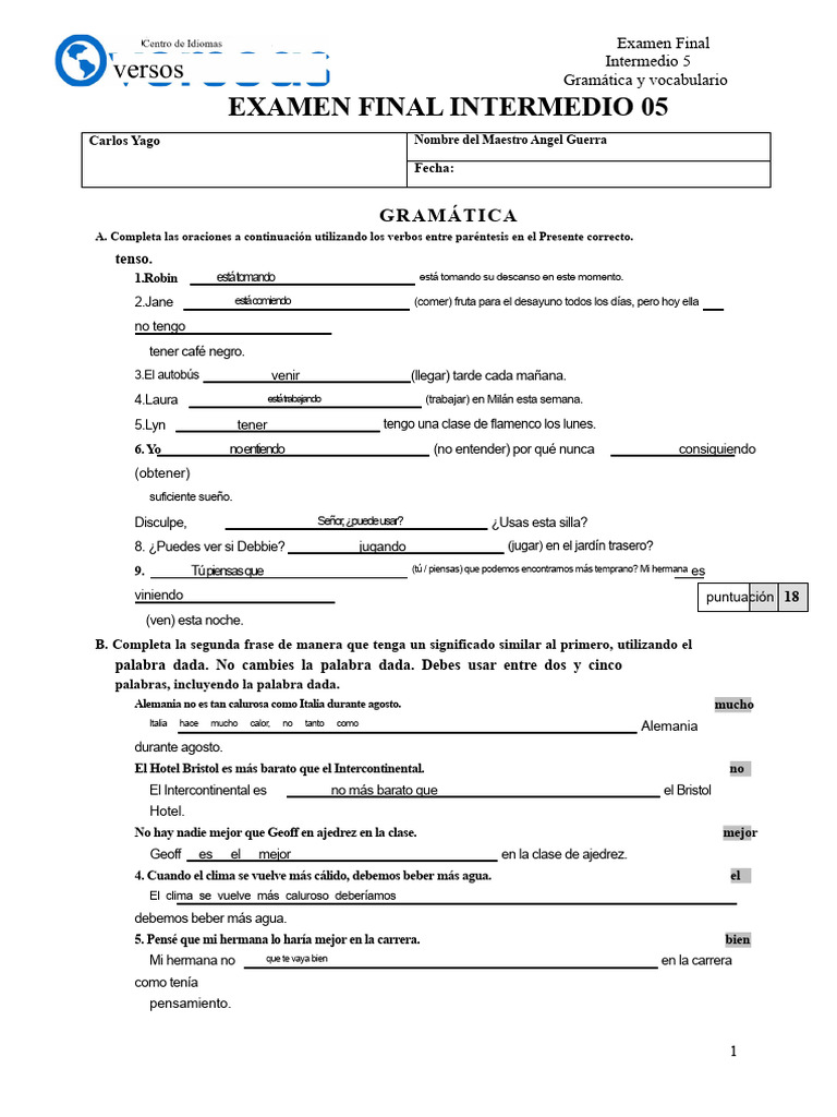 Examen Final Intermedio 5: Gramática y Vocabulario | PDF | Verbo