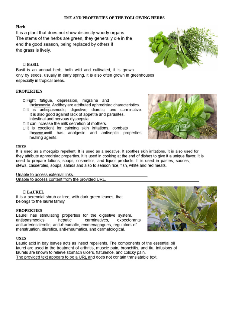 Use and Properties of The Following Herbs | PDF | Thyme | Chili Pepper