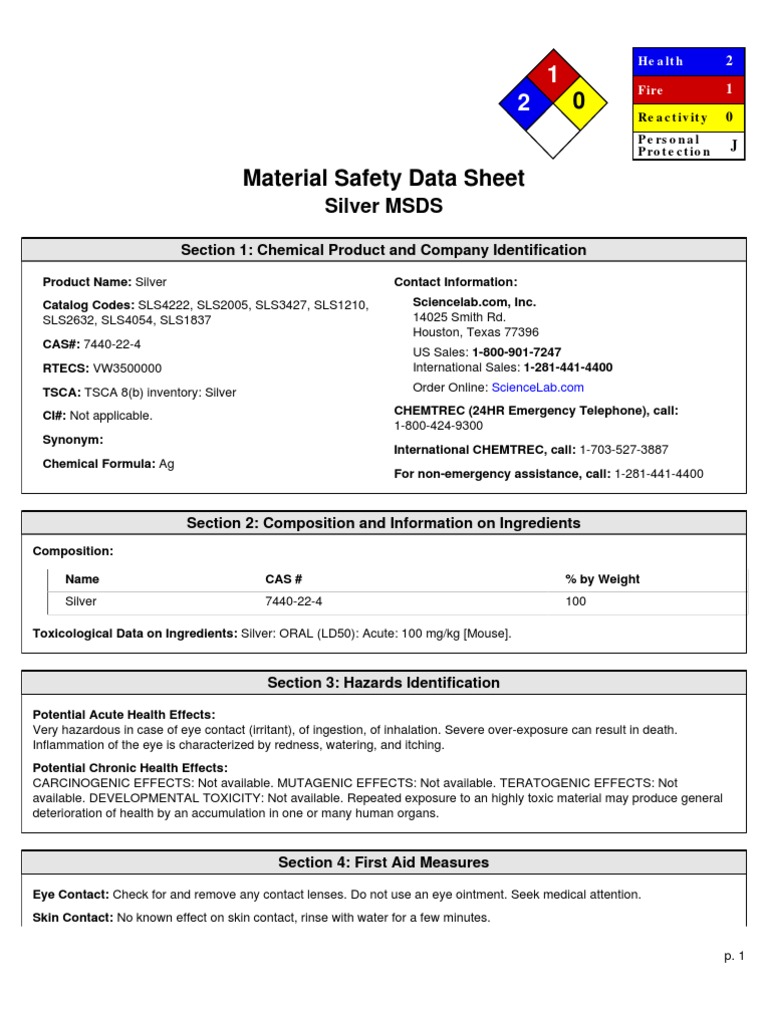 Msds Silver | PDF | Toxicity | Personal Protective Equipment