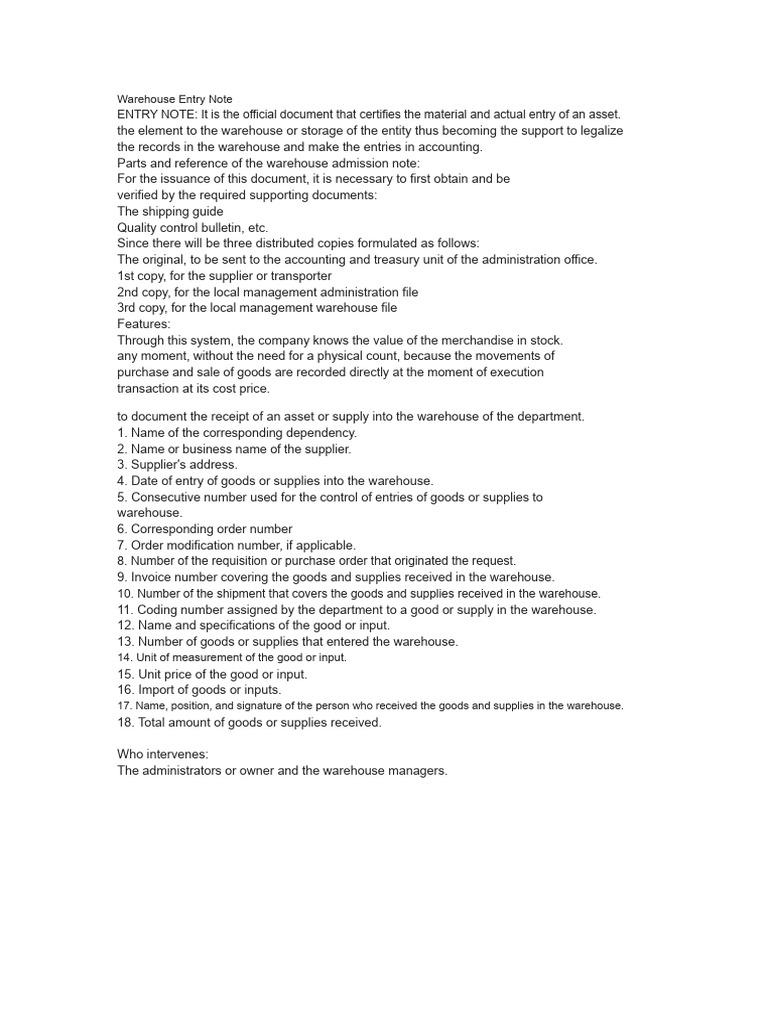 Warehouse Entry Note Overview | PDF | Warehouse | Goods
