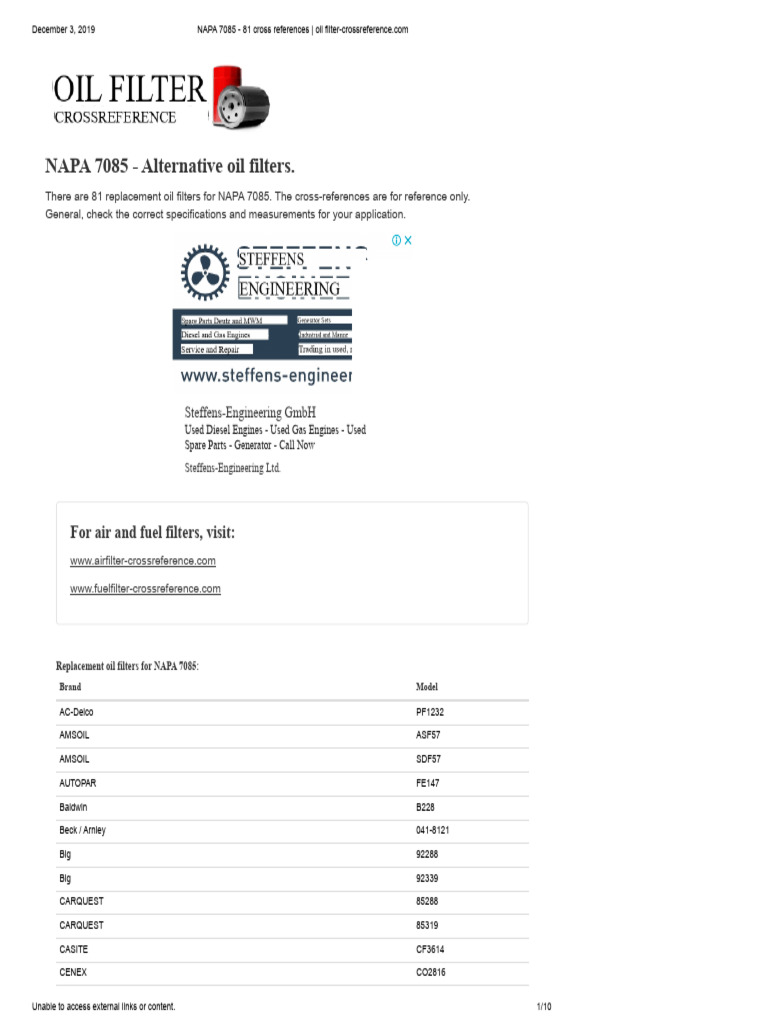 NAPA 7085 - 81 Cross References - Oil | PDF