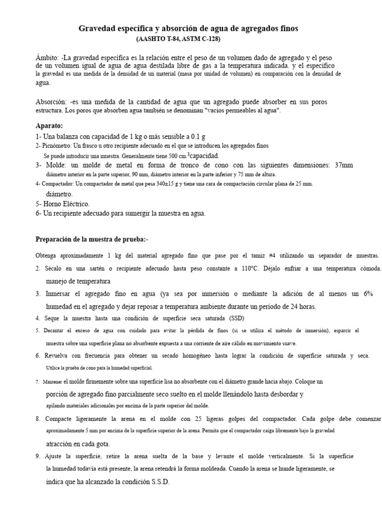 Gravedad Específica y Absorción de Agregados Finos | PDF | Agua | Densidad