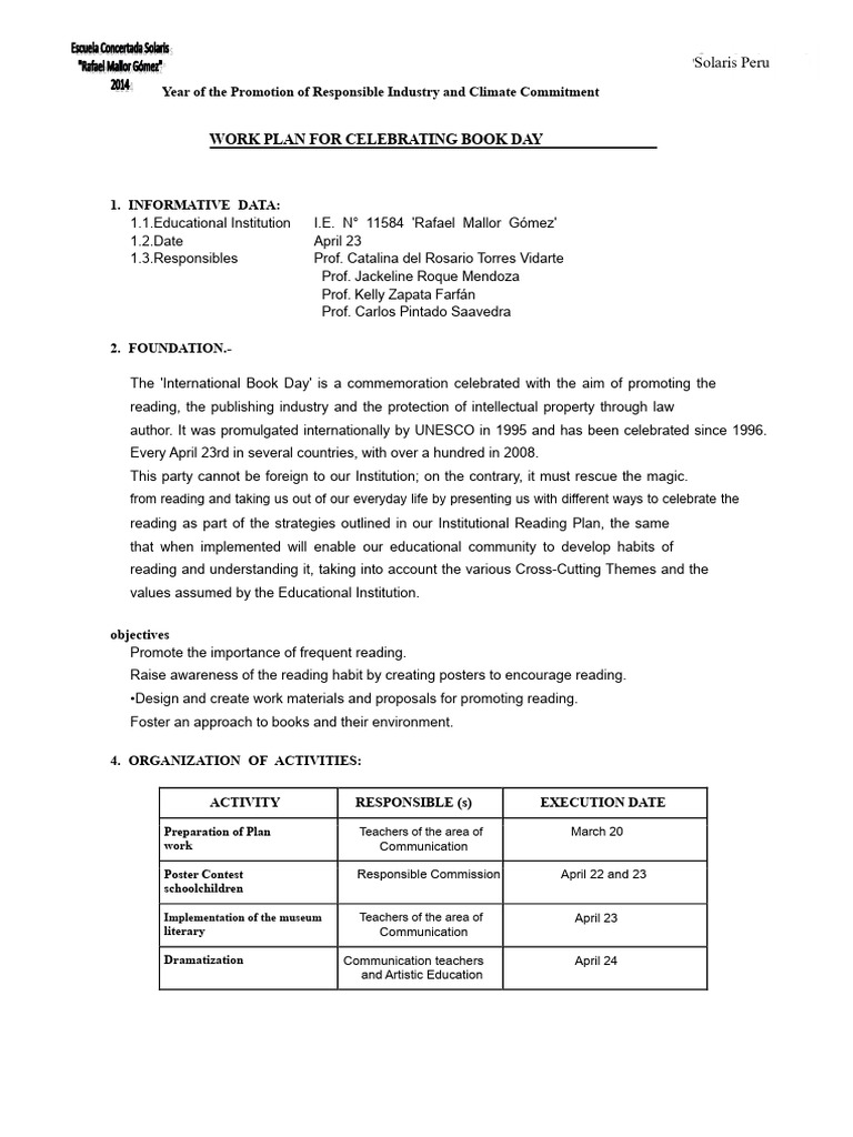 Work Plan For Book Day | PDF