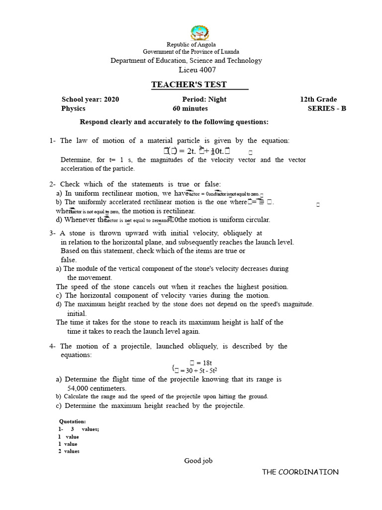 12th Grade Physics Teacher's Test | PDF | Acceleration | Velocity