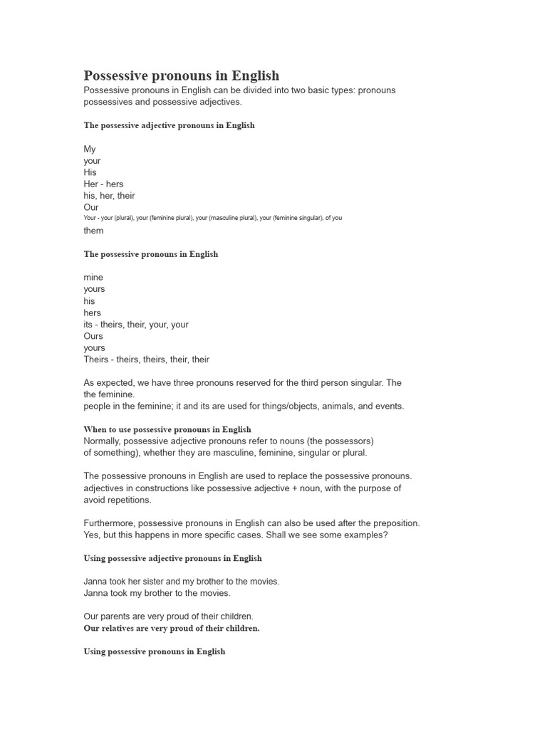 Understanding English Possessive Pronouns | PDF | Grammatical Gender ...