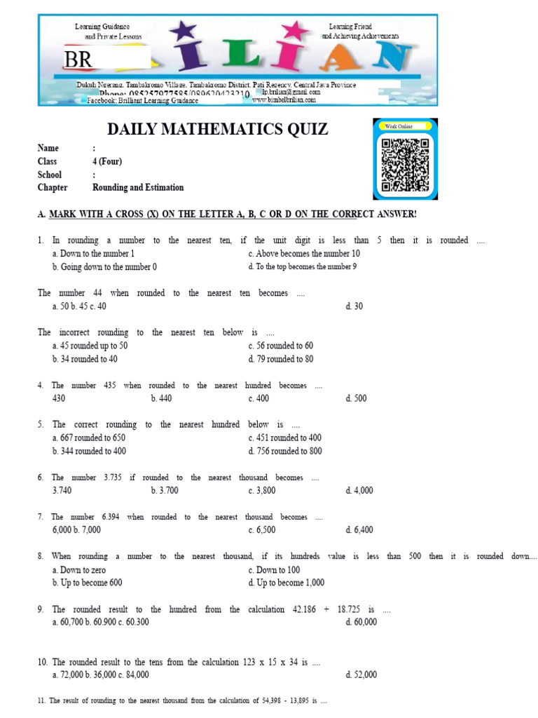 4th Grade Elementary School Mathematics Questions Chapter 2 Estimation ...