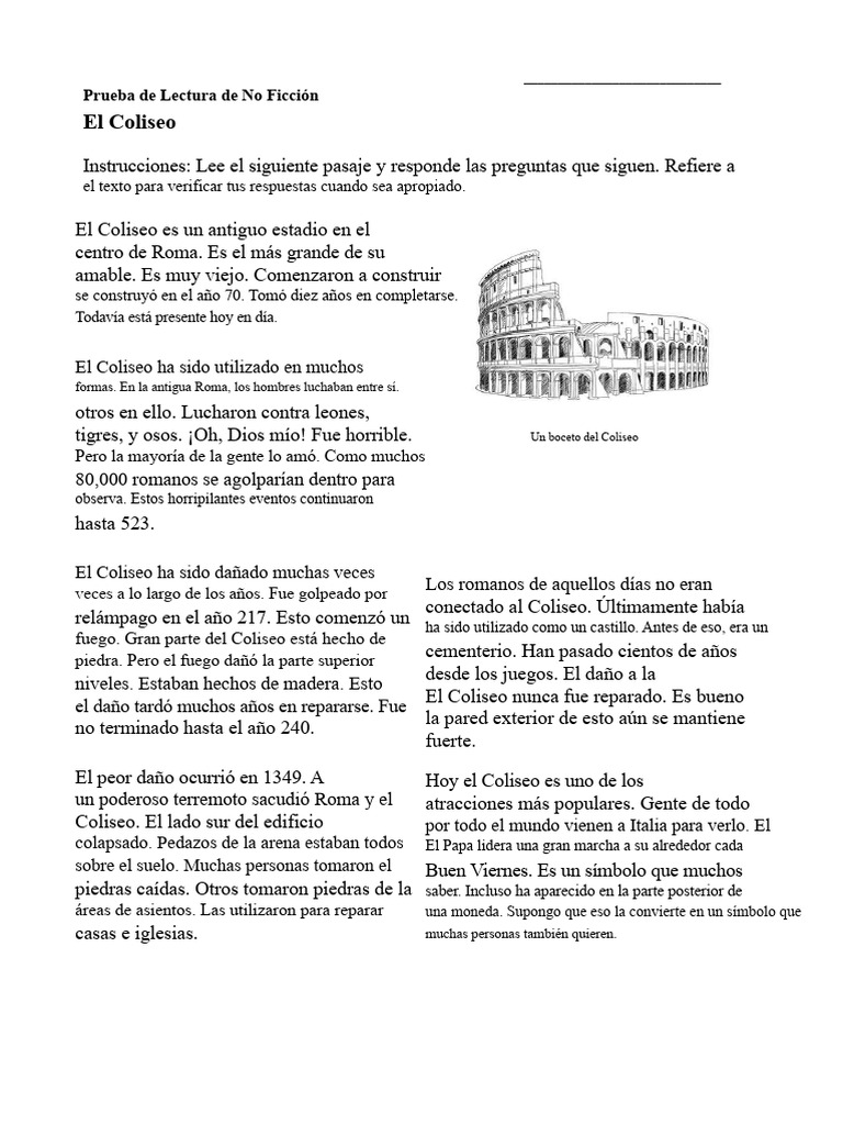 Prueba de Lectura de No Ficción Coliseo | PDF