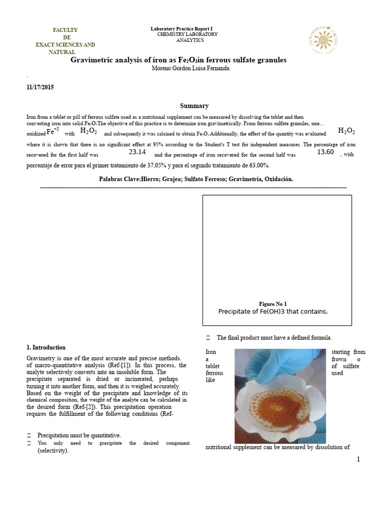 Gravimetric Analysis of Iron As Fe2O3 in Ferrous Sulfate Granules | PDF ...
