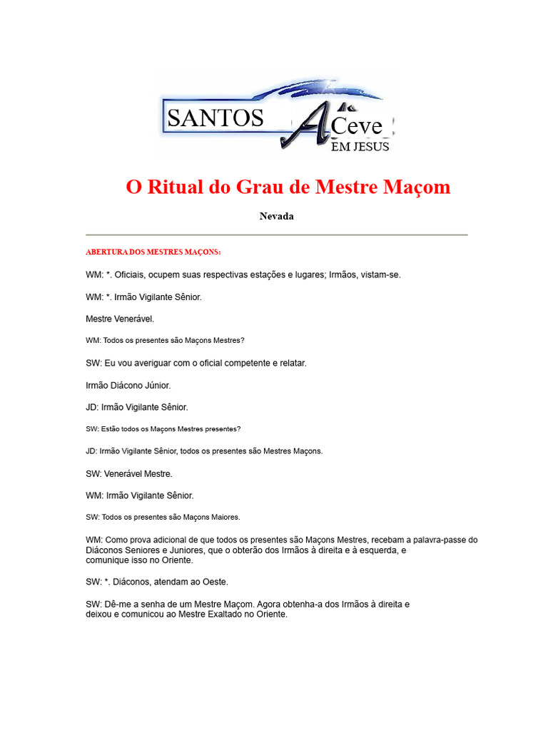 Ritual de Abertura da Loja Maçônica | PDF | Loja Maçônica | Maçonaria