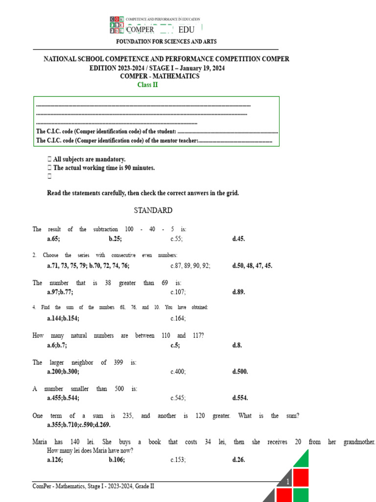 Subject Comper Math StageI 2023 2024 ClassII | PDF | Multiple Choice