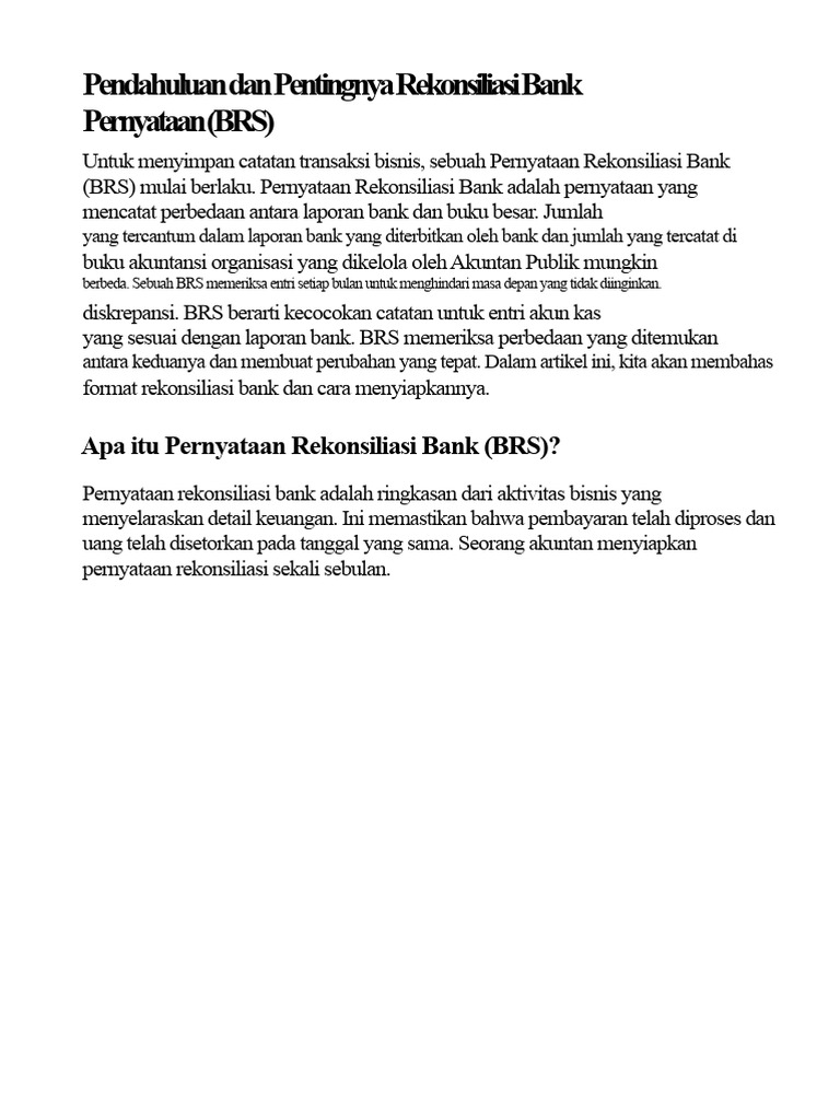 Pendahuluan Dan Pentingnya Laporan Rekonsiliasi Bank (BRS) | PDF