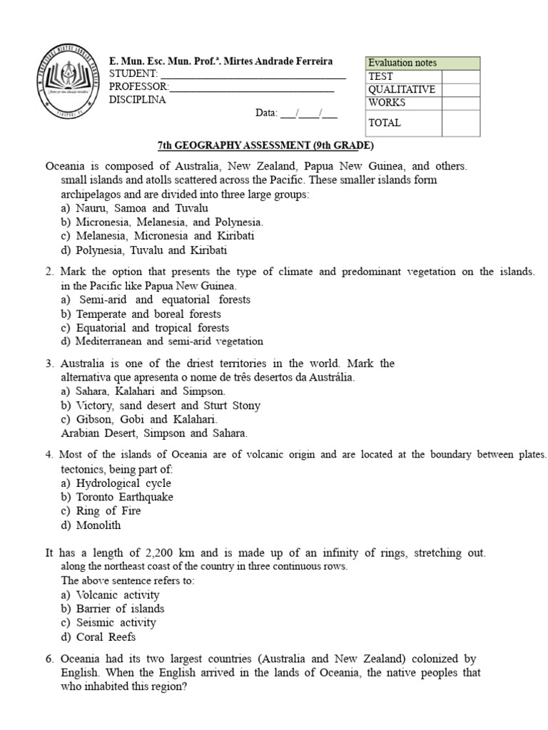9th Grade Geography Assessment: Oceania | PDF | Oceania | Island