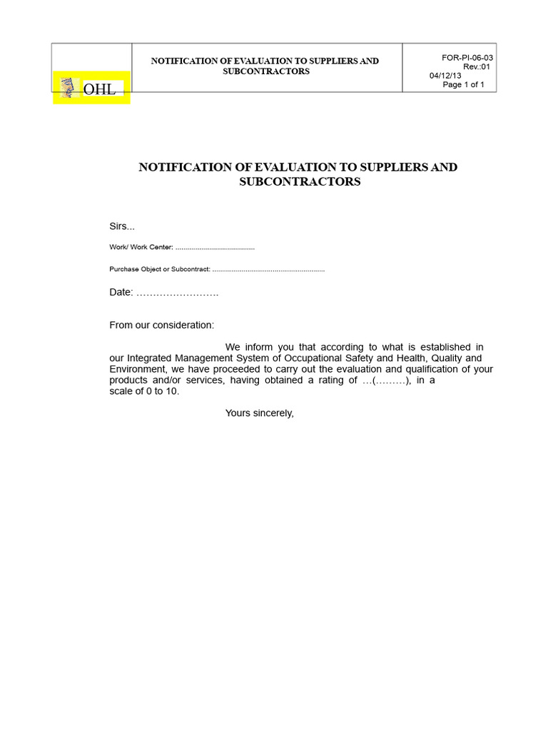 FOR-PI-06-03 Notification of Assessment To Suppliers and Subcontractors ...