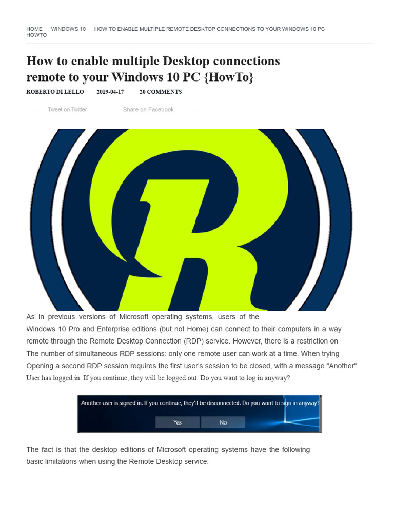 How To Enable Multiple Remote Desktop Connections To Your Windows 10 PC | PDF | Remote Desktop ...