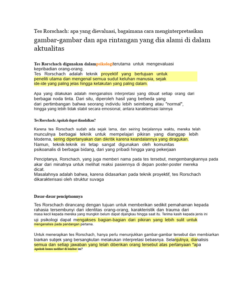 Tes Rorschach: Interpretasi dan Analisis | PDF