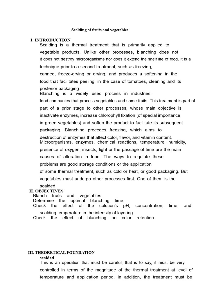 Scalding Report of Fruits and Vegetables | PDF | Enzyme | Water