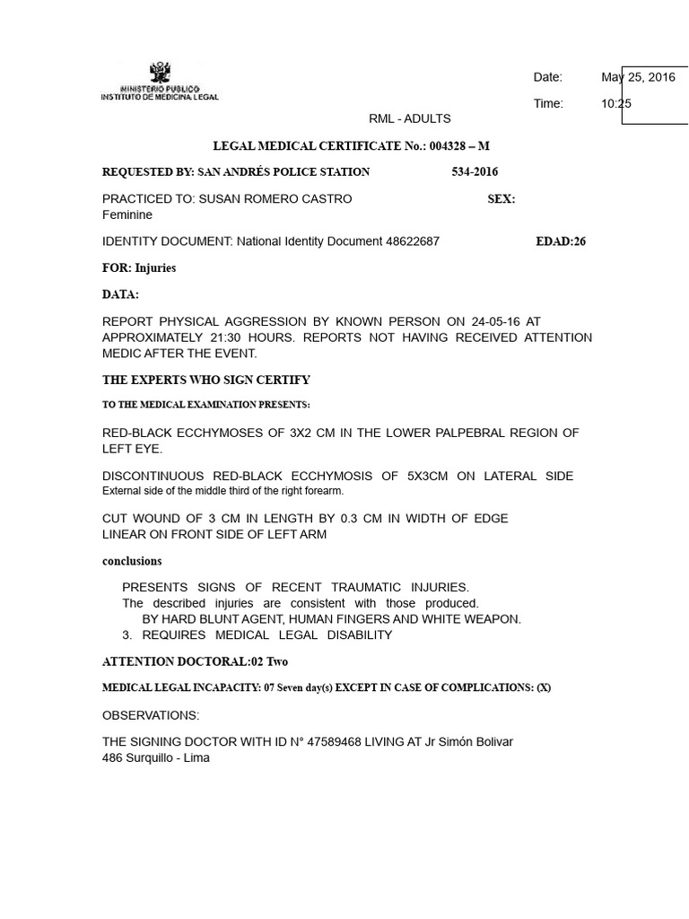 Medical Certificate of Assault Injuries | PDF