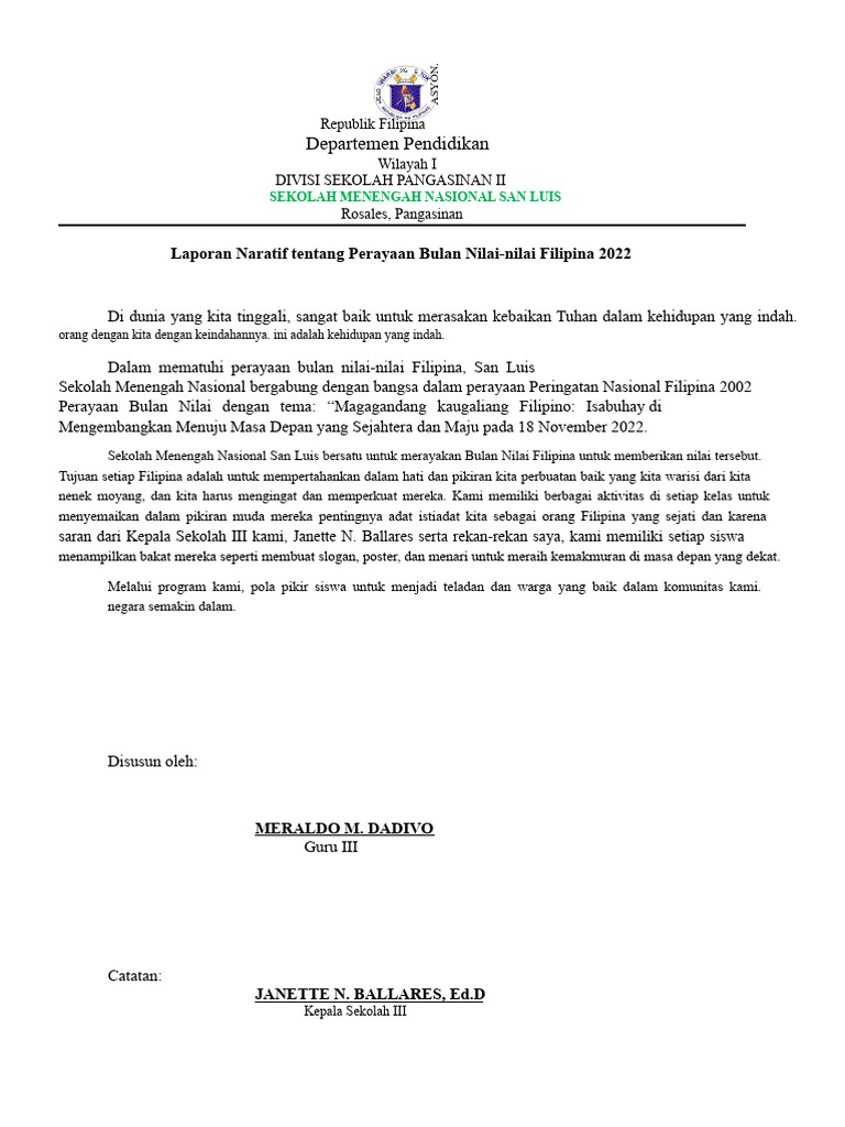 Laporan Naratif Tentang Perayaan Bulan Nilai-Nilai Filipina 2022 | PDF
