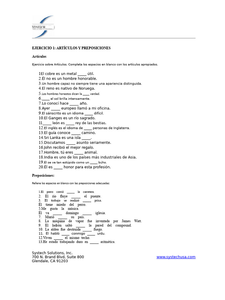 Ex1 Artículos y Preposiciones | PDF