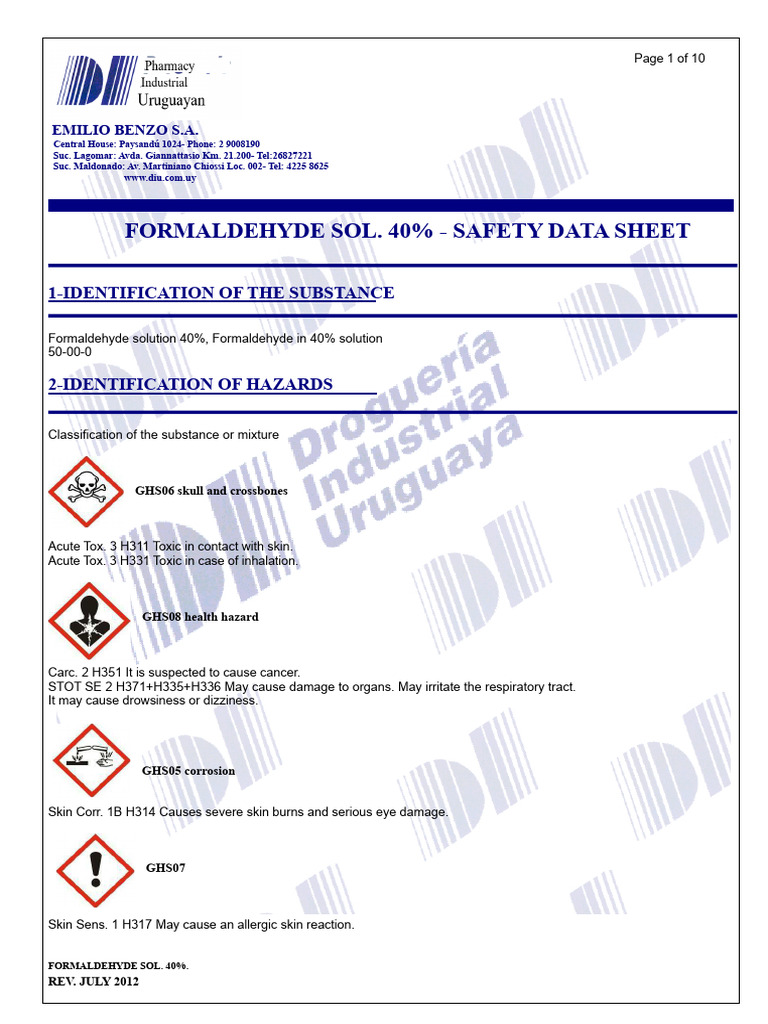 Formaldehyde 40% Safety Data Sheet | PDF | Toxicity | Personal ...