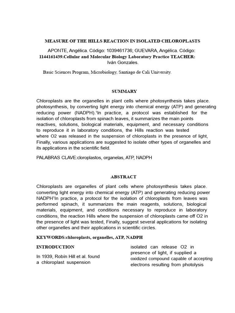 Chloroplast Isolation and Hill's Reaction | PDF | Centrifugation ...
