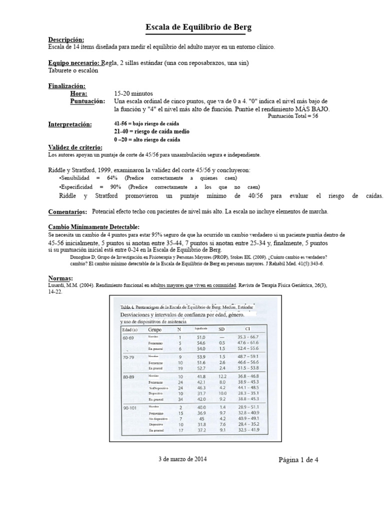 Escala de Equilibrio de Berg para Adultos Mayores | PDF | Validez ...