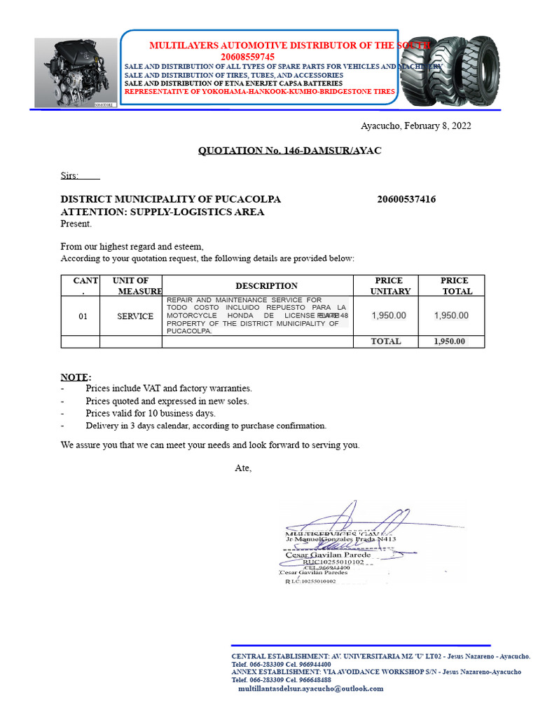 Automotive Quotation Format Multillantas Del Sur | PDF | Vehicle ...