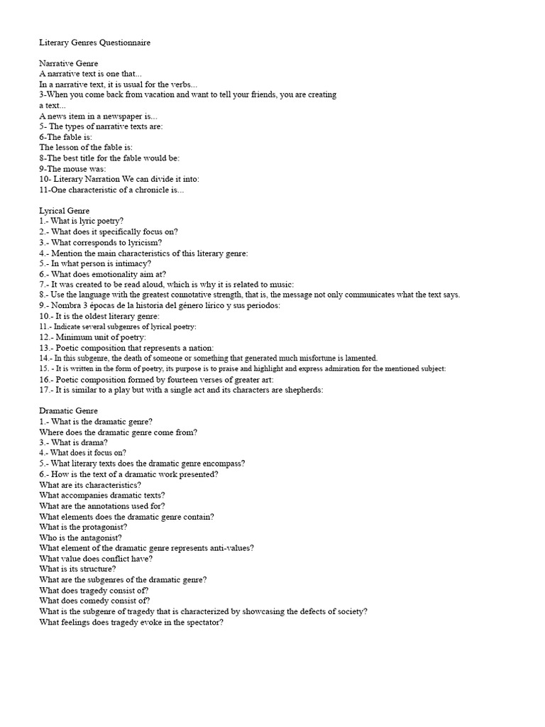 Literary Genres Questionnaire | PDF