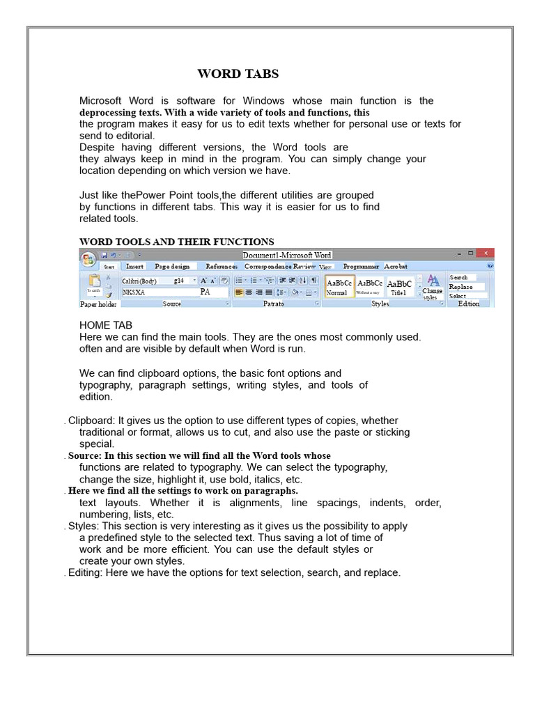 Microsoft Word Tabs and Functions Guide | PDF | Microsoft Word | Paragraph