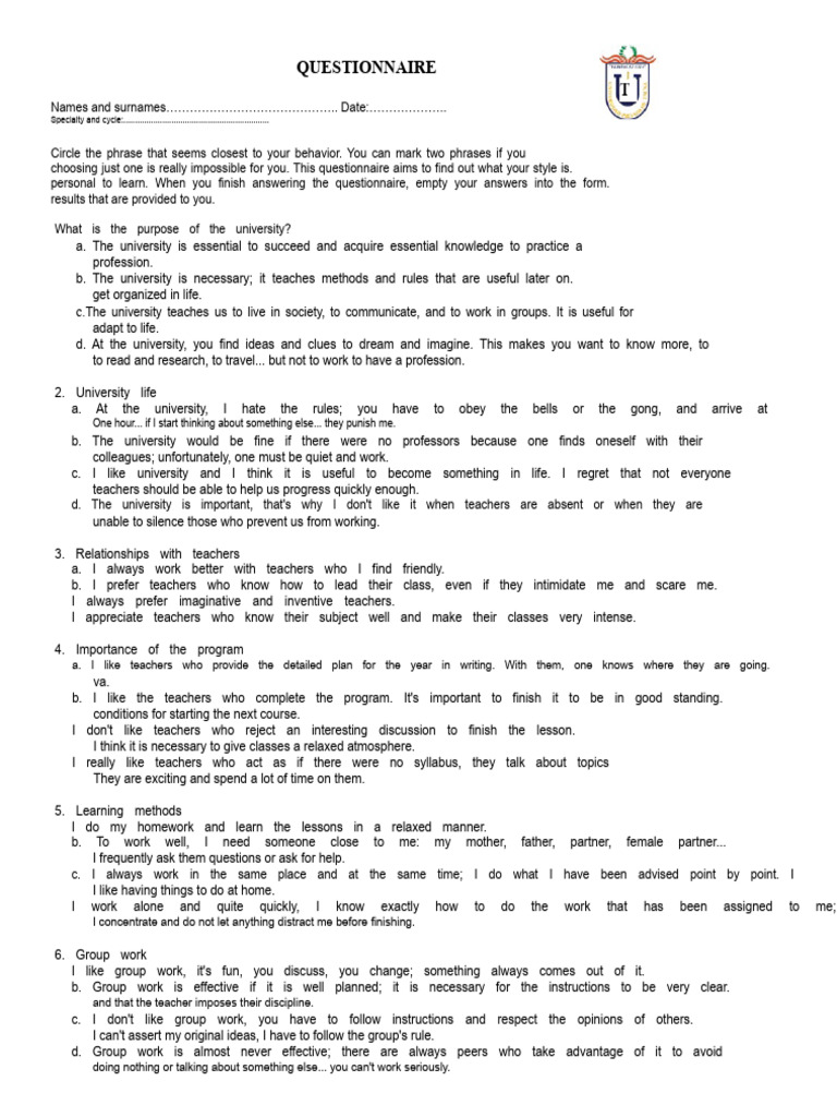 University Behavior Style Questionnaire | PDF | Teachers | Questionnaire