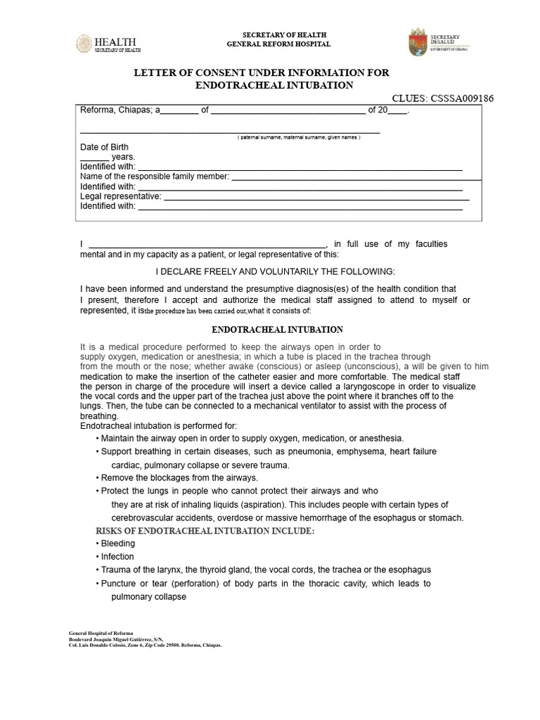Endotracheal Intubation Consent Form | PDF | Clinical Medicine ...
