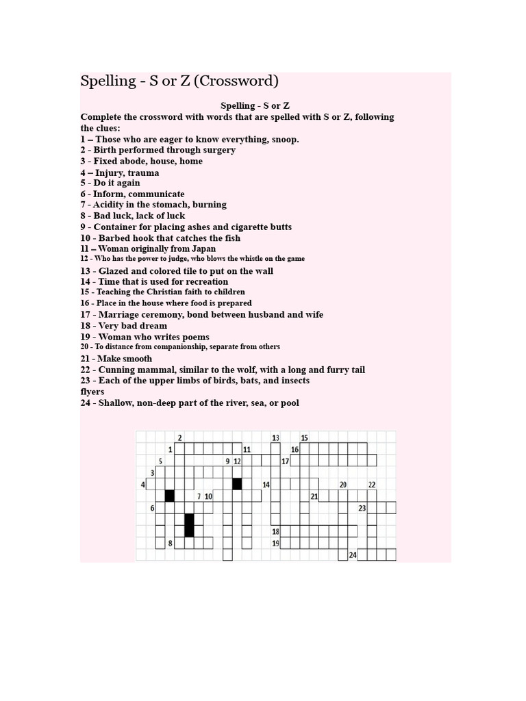 Spelling S and Z Crossword | PDF