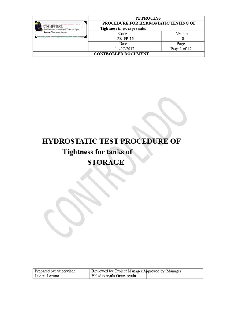 Hydrostatic Testing Procedure for Tanks | PDF | Occupational Safety And ...