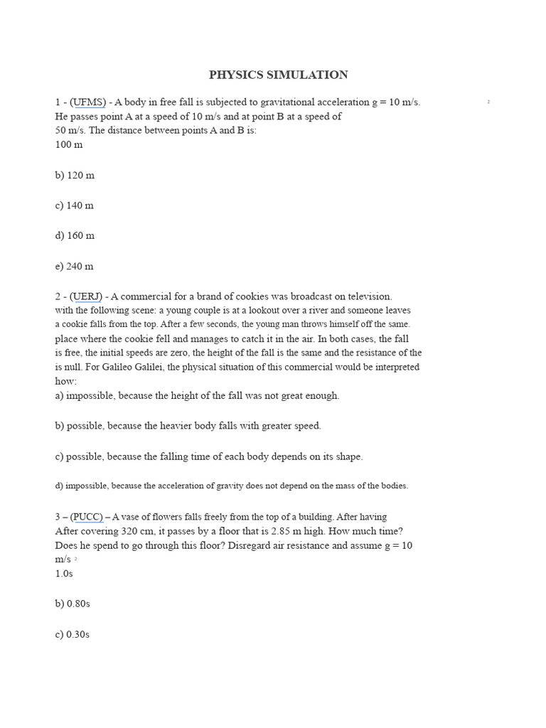 Free Fall Physics Simulation Exercises | PDF | Force | Gravity