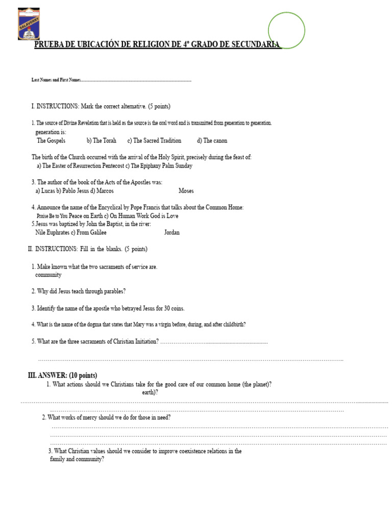 Religion Evaluation - 4TH Year of High School | PDF | Jesus | Religious ...