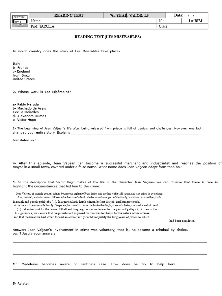 Reading Test - 7th Grade Les Misérables | PDF | Les Misérables ...