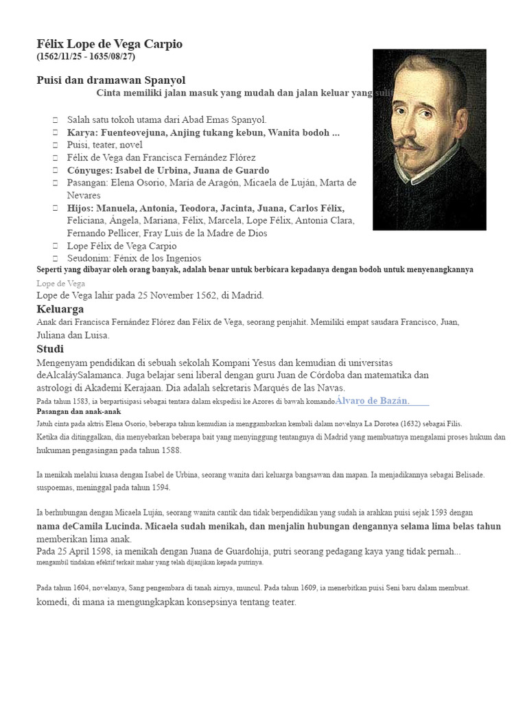 Biografi Félix Lope de Vega: Penulis Spanyol | PDF