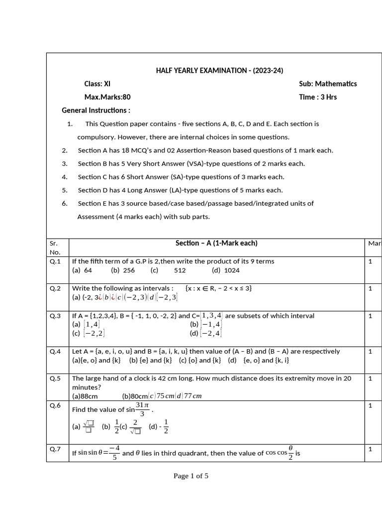 Half Yearly 11th - Maths-2 | PDF | Chess Theory | Chess