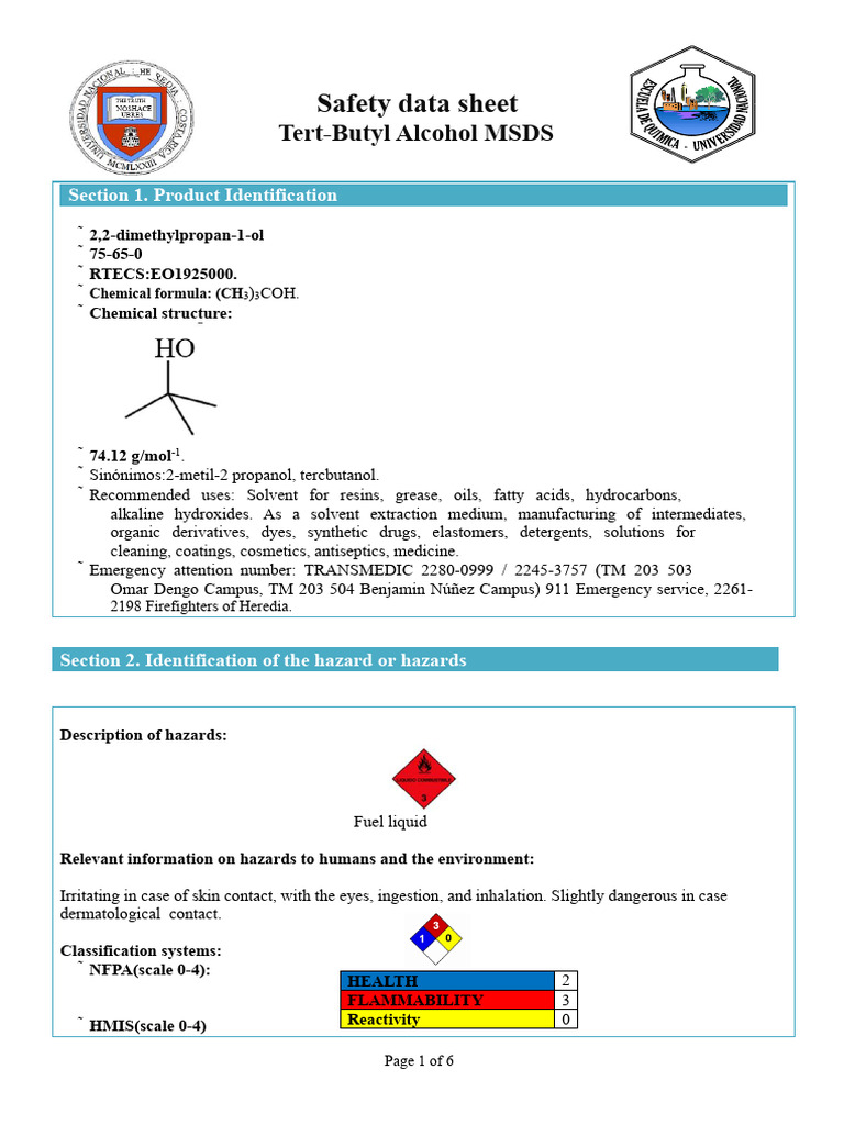 Safety Data Sheet: Tert-Butyl Alcohol MSDS | PDF | Waste | Breathing