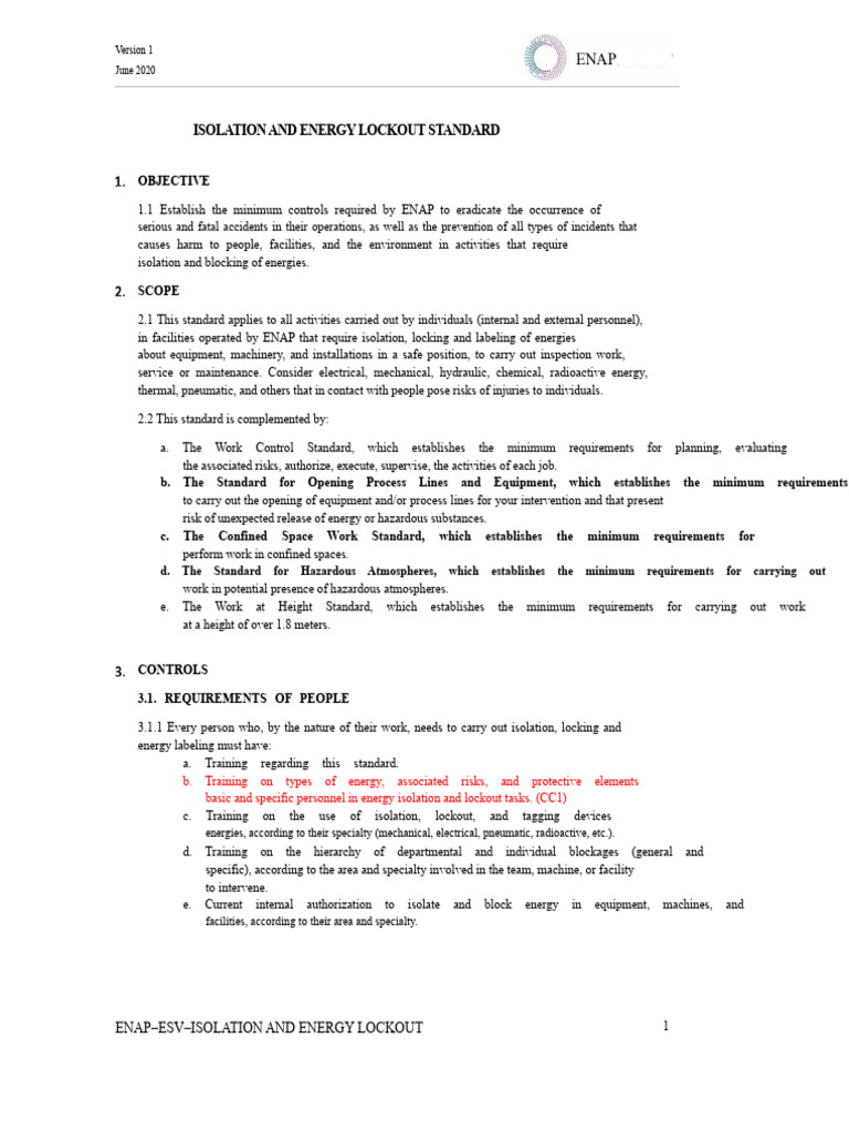 ISOLATION AND ENERGY LOCKOUT STANDARD v1-01-06-20 | PDF | Oil Refinery ...