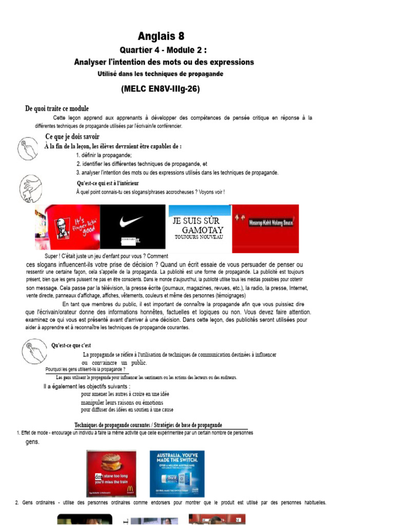 Anglais 8 Quartier 4 Module 2 | PDF | Propagande | Publicité