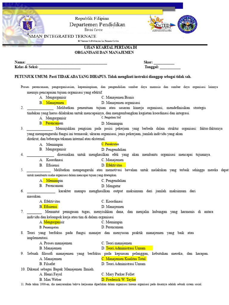 Ujian Manajemen dan Organisasi Kuartal 1 | PDF
