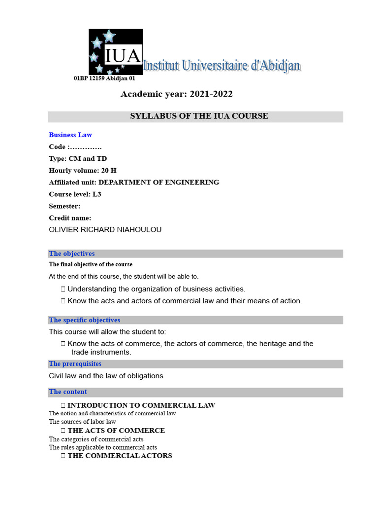 Business Law Syllabus for IUA Course | PDF | Negotiable Instrument ...