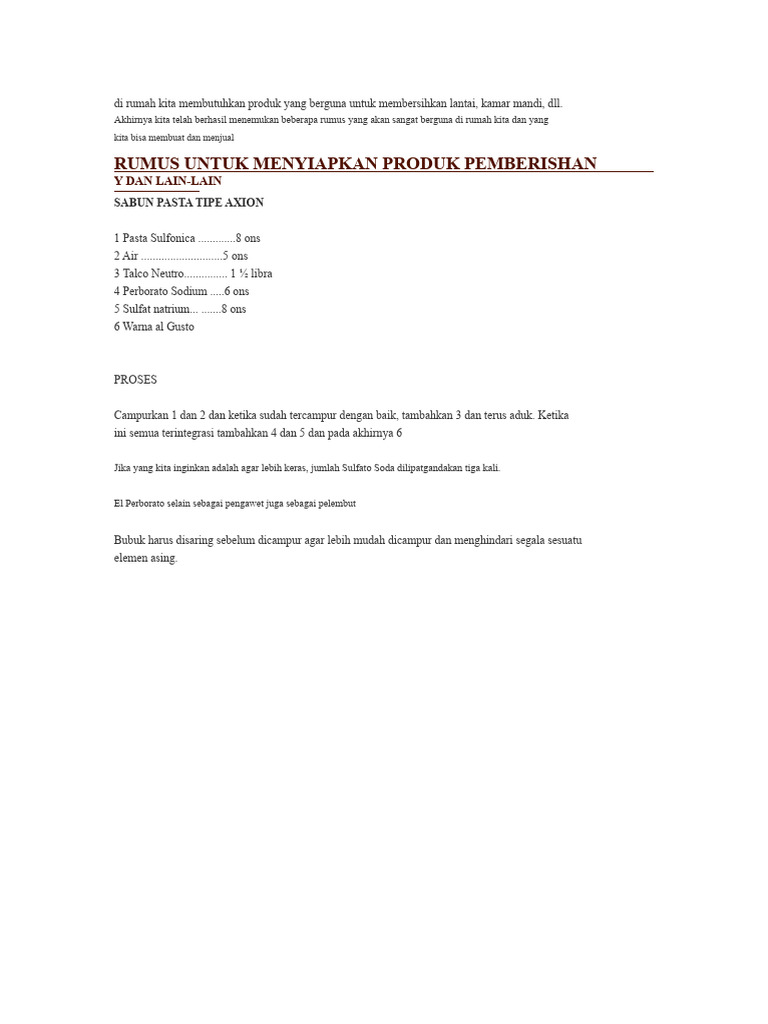Rumus Produk Pembersih Rumah Tangga | PDF