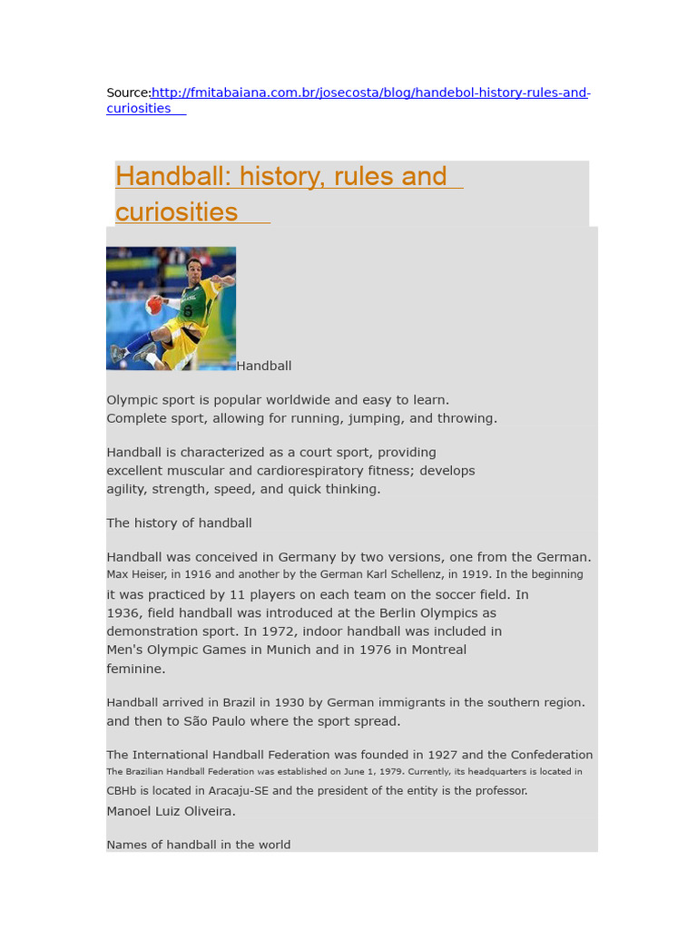 Handball: History, Rules, and Facts | PDF | Sports | Team Sports